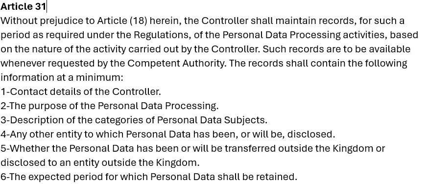 KSA PDPL – Article 31: Compliance & Record-Keeping (ROPA)